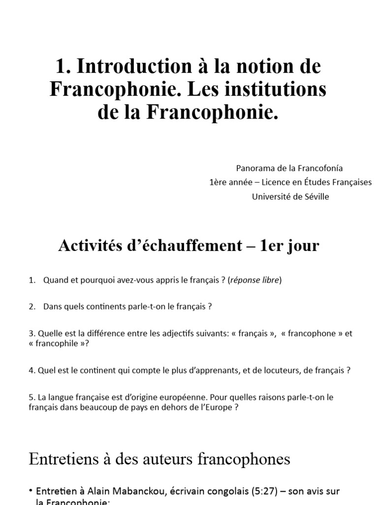 Introduction À La Notion de Francophonie. Les Institutions de La ...