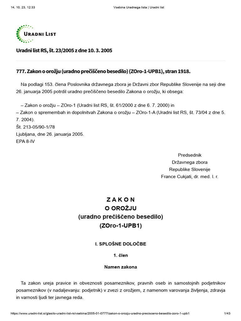 Zakon o orožju ZOro-1UPB1 | PDF