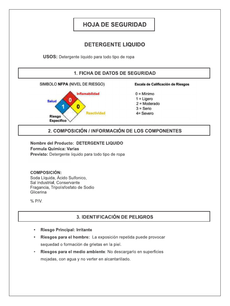 Hojas de Seguridad Detergente Liquido | PDF