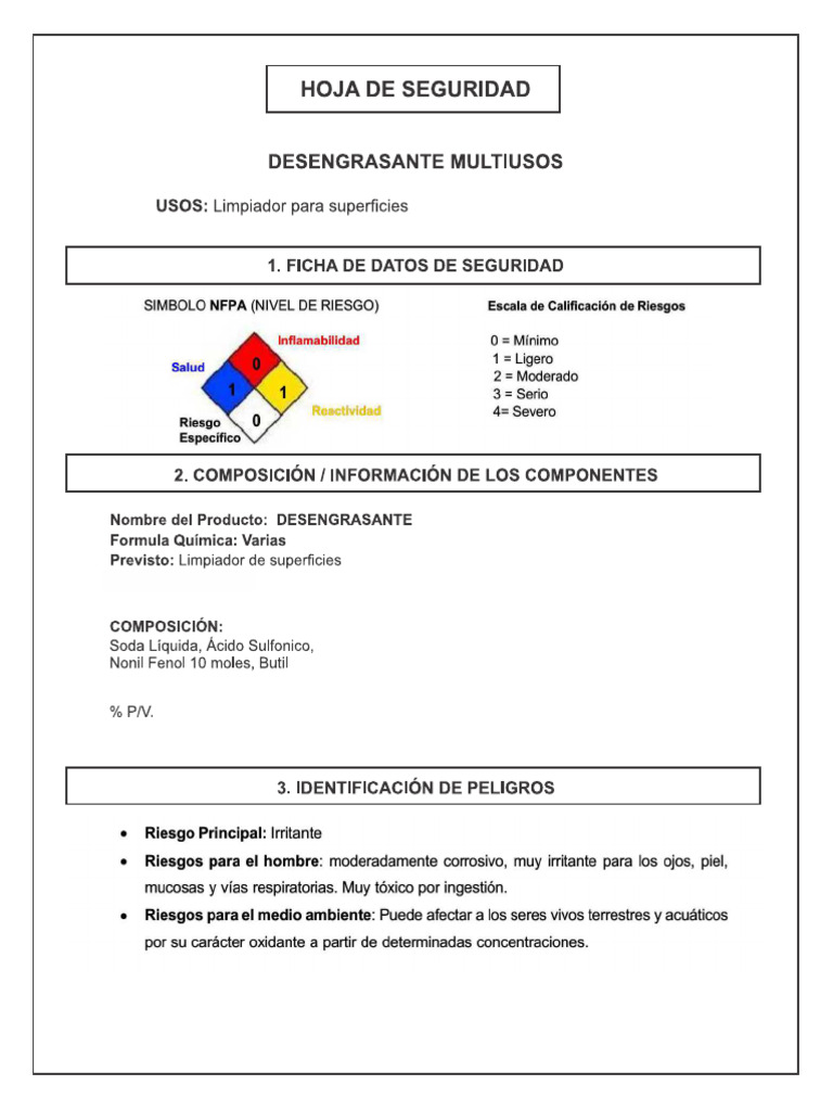 Hoja de Seguridad Desengrasante Multiusos | PDF