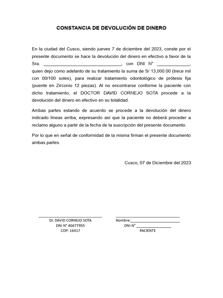 Constancia de Devolución de Dinero | PDF