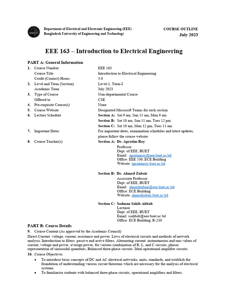 EEE163 CSE Course Outline | Download Free PDF | Electrical Network | Analysis