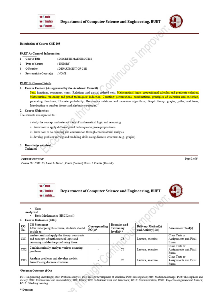 CSE 103 Revised | PDF | Discrete Mathematics | Mathematics