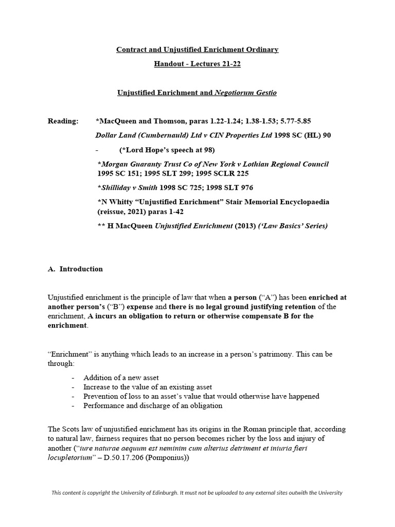 Contract and Unjustified Enrichment - Lectures 21 - 22 - Tagged | PDF