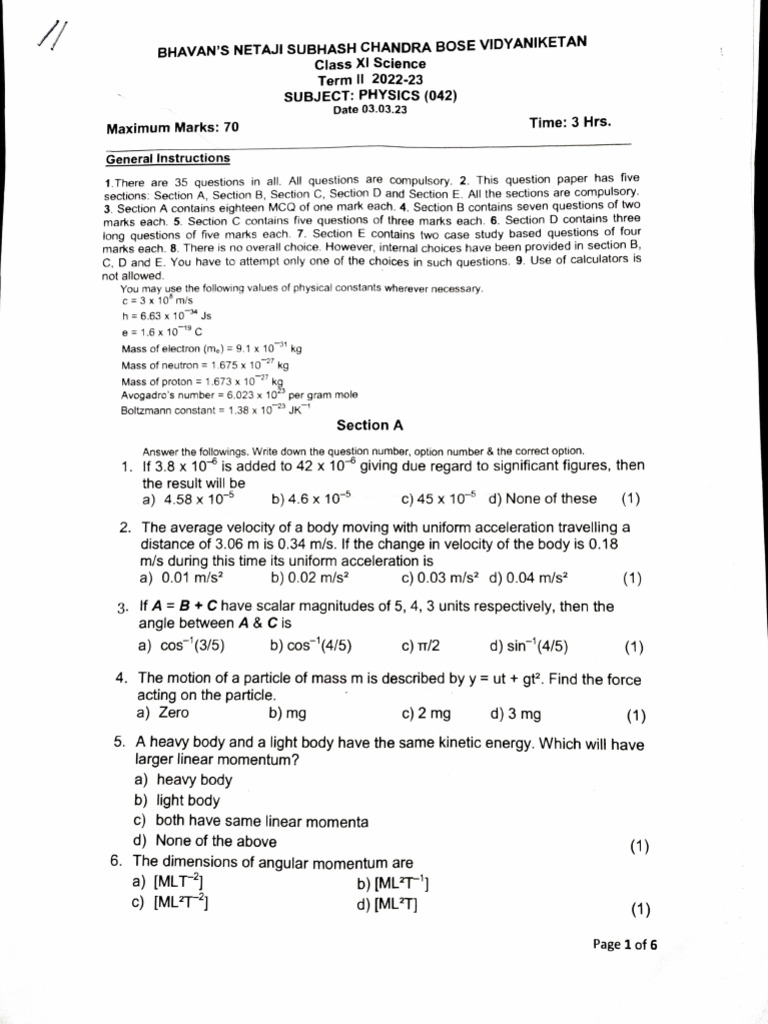 Bhavan's Term II Class- XI Examination | PDF | Acceleration | Force