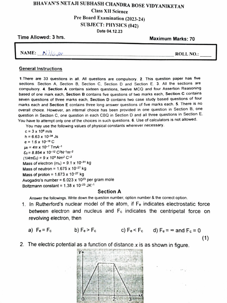 Bhavan's Netaji Subhash Physics Pre Board 1 | PDF