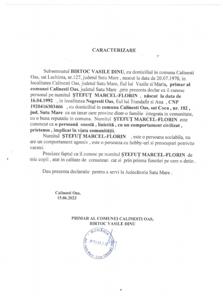 Caracterizare - Primar - Stefuţ Marcel | PDF