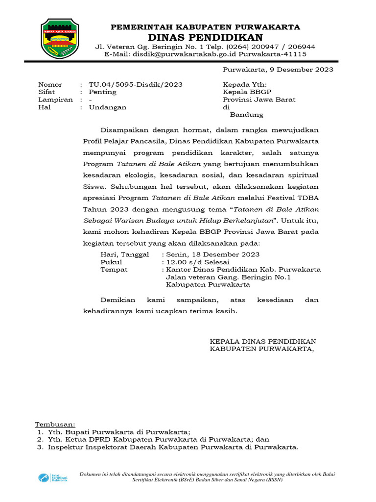 Surat Undangan Festival TDB 2023 - BBGP Jabar - 9 Desember 2023 | PDF