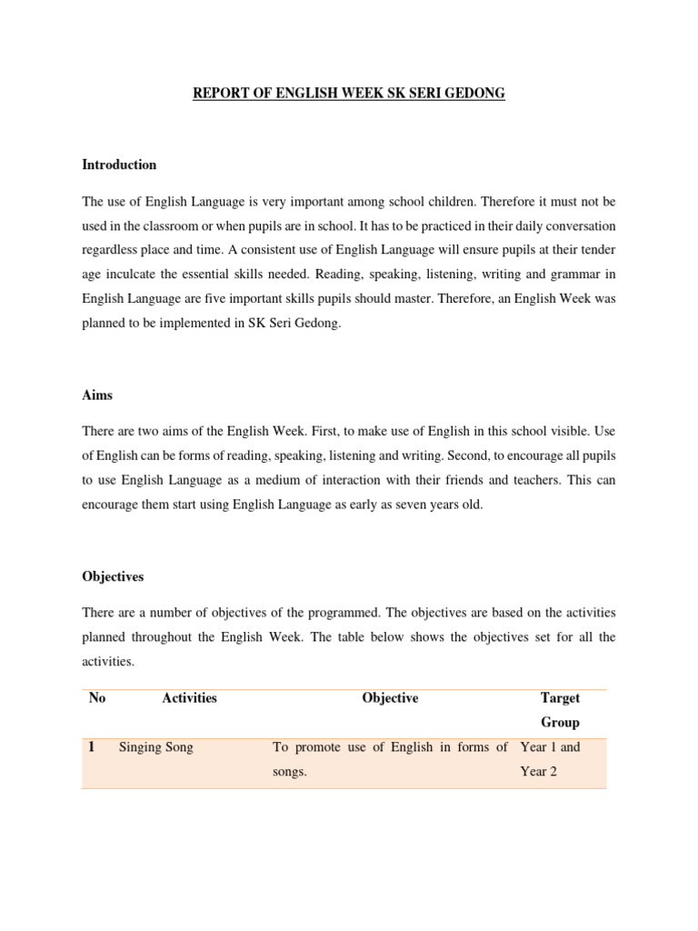 English Week Report for SK Seri Gedong | PDF | English Language ...