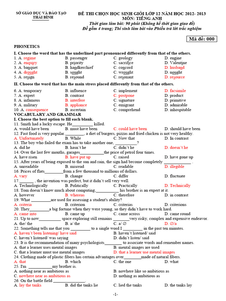 DA Va de Thi Anh HSG Lop 12 Tinh Thai Binh 20122013 | PDF | Water | Oceans