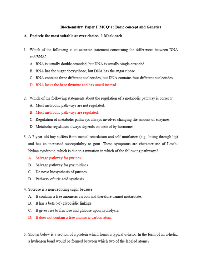 Paper I MCQ's Biochemistry | PDF | Dna | Nucleotides