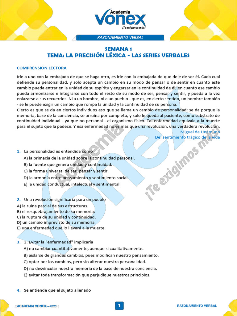 Semana 1 Tema: La Precisión Léxica - Las Series Verbales | PDF | Verdad | Pensamiento
