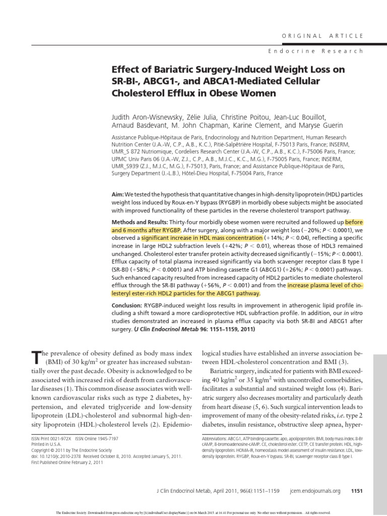 Effect of Bariatric Surgery-Induced Weight Loss On SR-BI-, ABCG1-, and ABCA1-Mediated Cellular ...