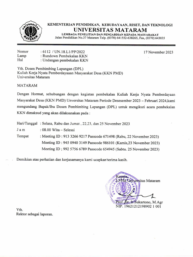 Undangan Pembekalan KKN PMD 2023 Untuk DPL | PDF
