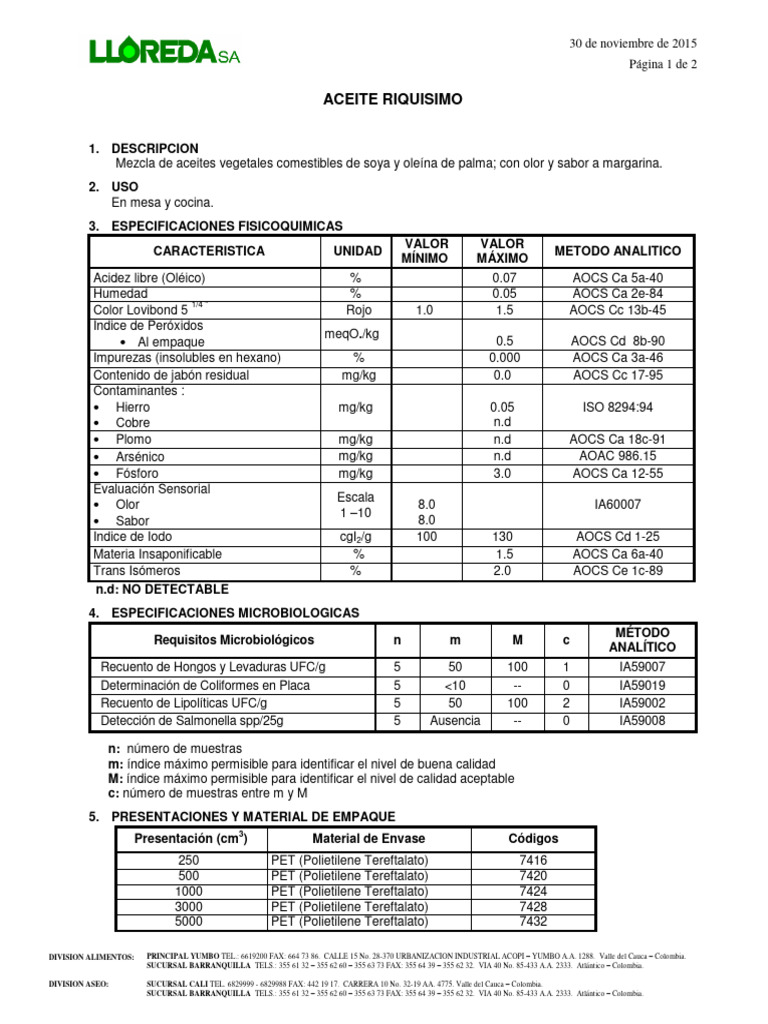 Ficha Tecnica Aceite RIQUISIMO | PDF