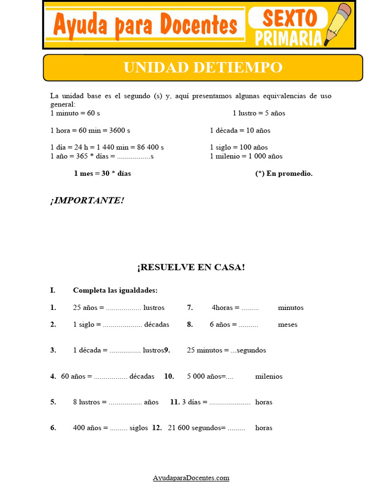 Fichas de Unidades de Tiempo para Sexto de Primaria | PDF