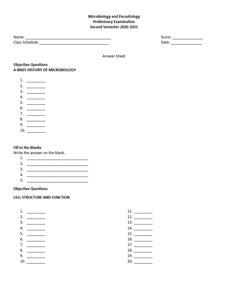 Prelim Exam 2nd Sem 2021 - Answer Sheet | PDF | Metabolism | Cell Biology