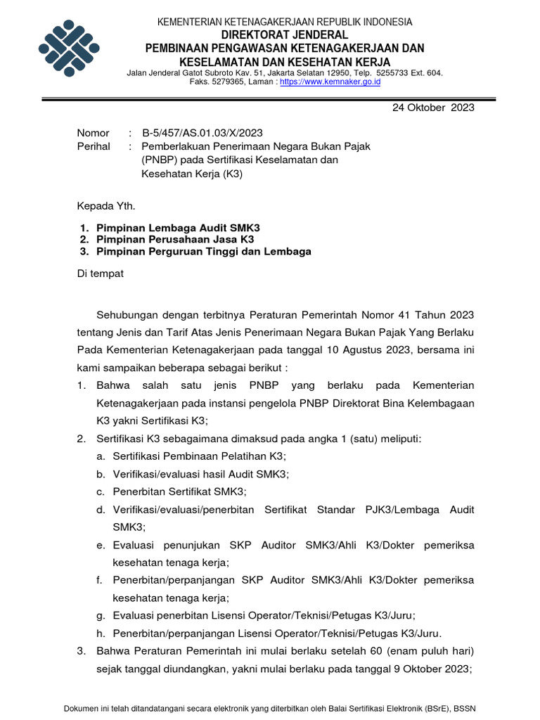 Surat Pemberlakuan PNBP Sign 2059 | PDF