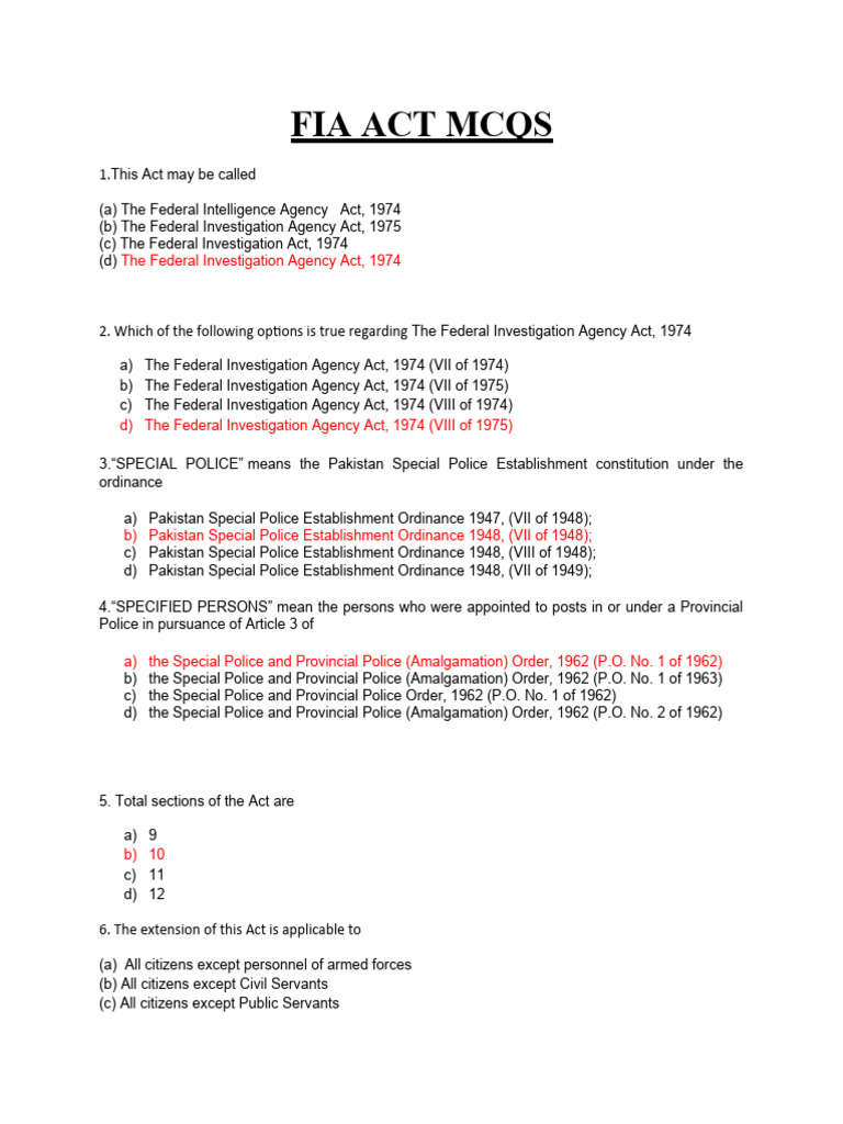 FIA-Act-MCQs 1974 | Download Free PDF | Civil Service | Search Warrant