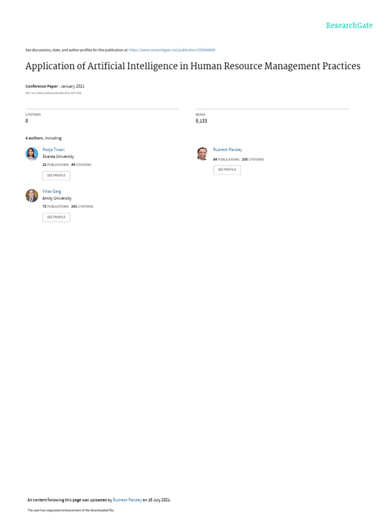 Application of Artificial Intelligence in Human Resource Management Practices | PDF | Artificial ...