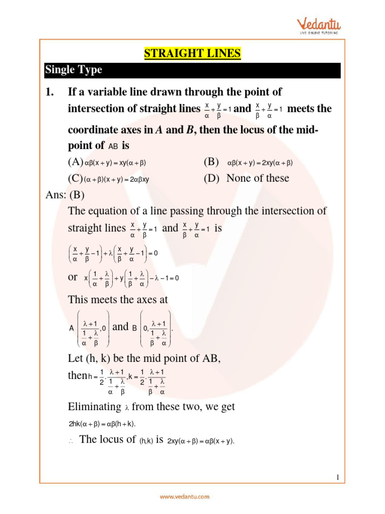 JEE Advanced Straight Line Important Questions | PDF | Triangle ...
