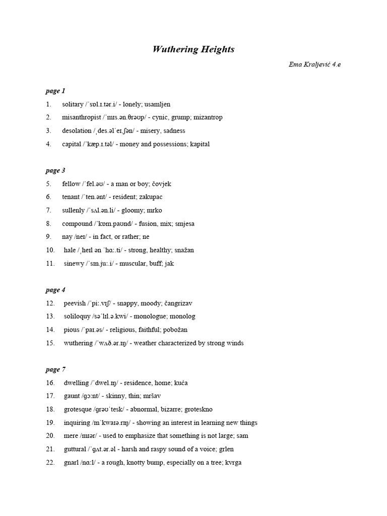 Wuthering Heights Vocabulary | PDF