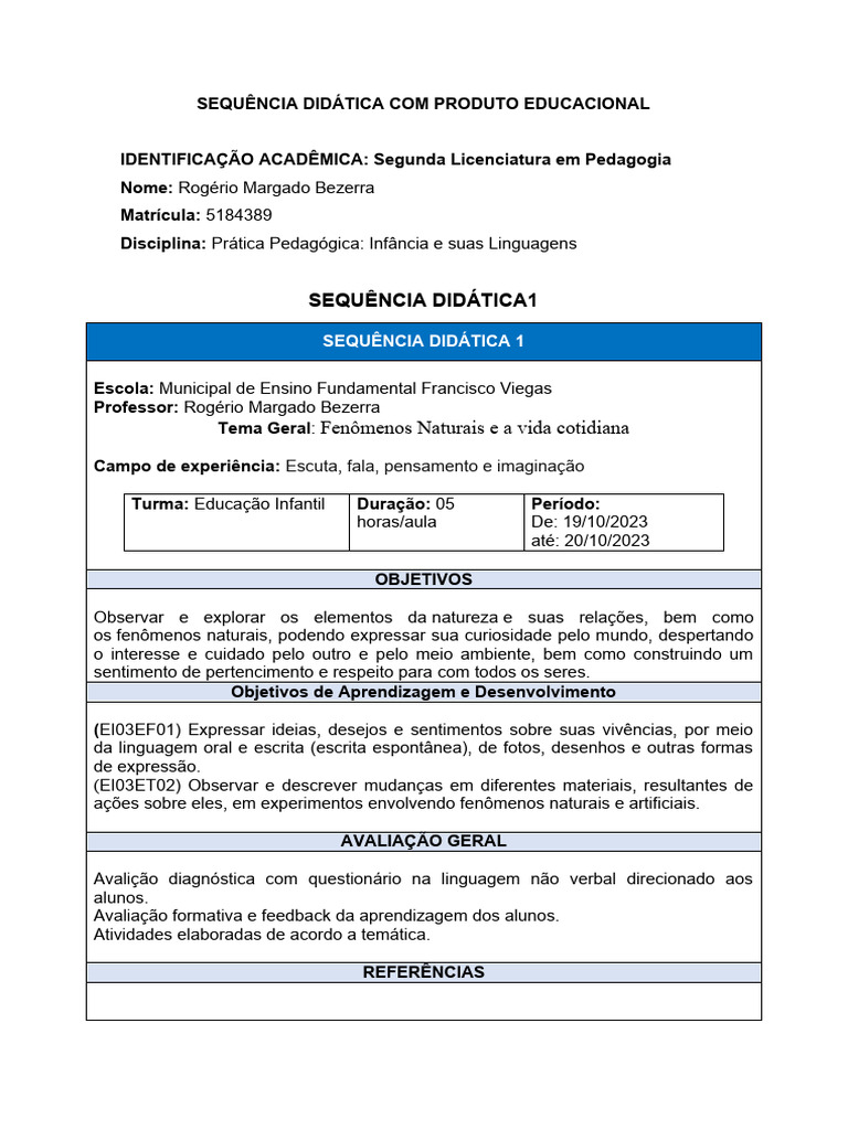 Sequência Didática - Educação Infantil | PDF | Pedagogia | Aprendizado