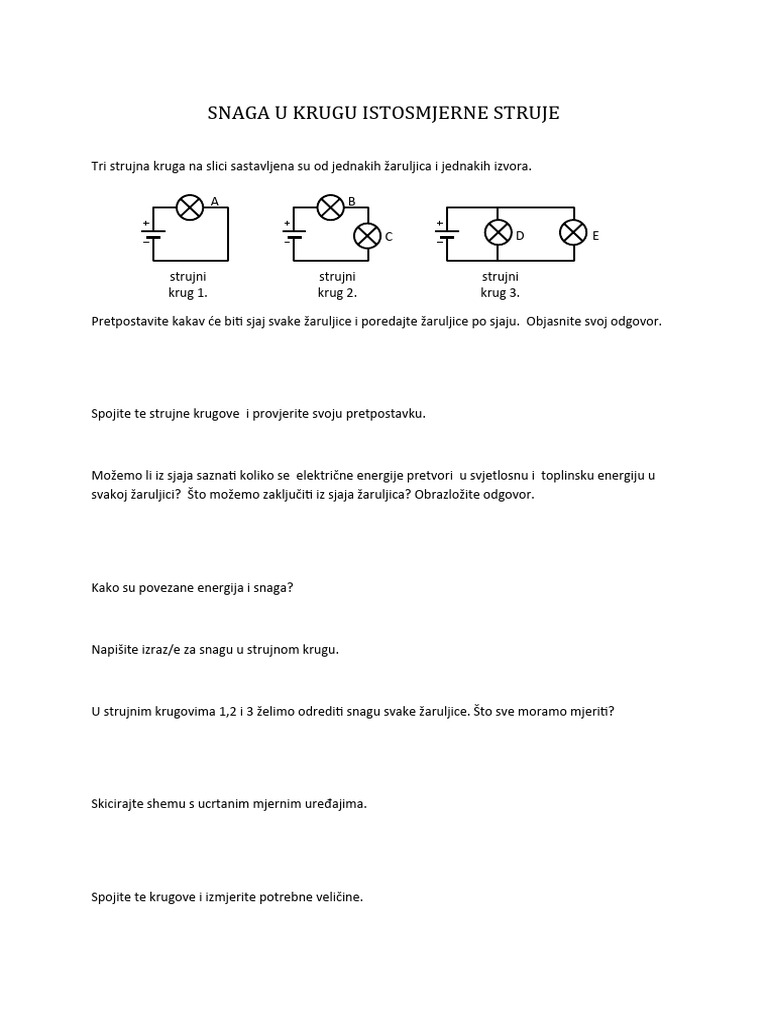 Snaga U Krugu Istosmjerne Struje - Vjezba Za Ucenike | PDF