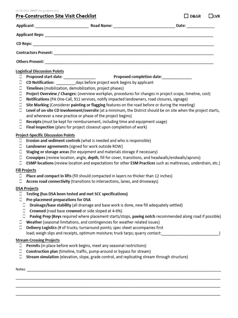 Pre-Construction Site Visit Checklist | PDF | Road