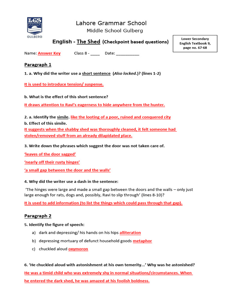 Answer Key - The Shed (Checkpoint Based Questions) | PDF | Sentence ...