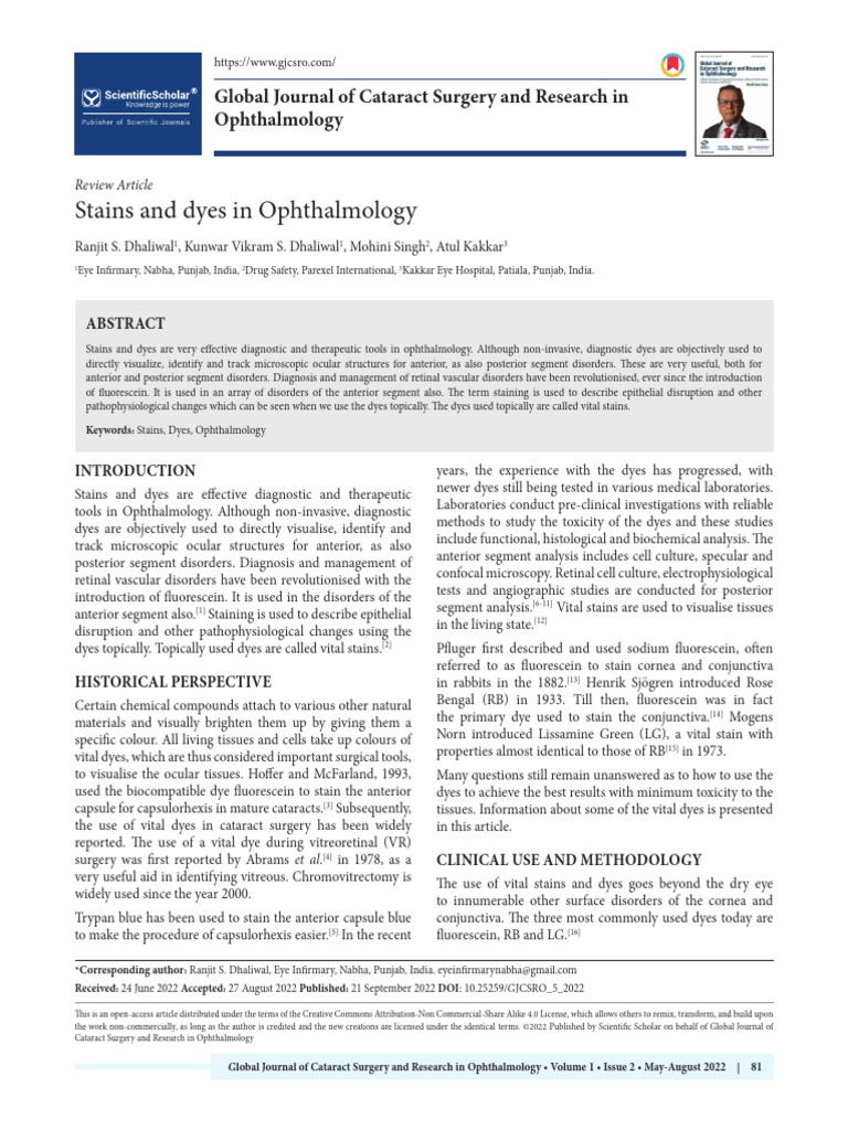 Stains and Dyes in Ophthalmology | PDF | Cornea | Staining