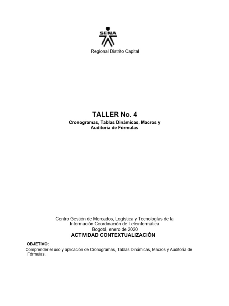 Taller 4. Cronograma Tablas Dinámicas Macros y Auditoría de Fórmulas (1) (2) - 1 | PDF | Macro ...