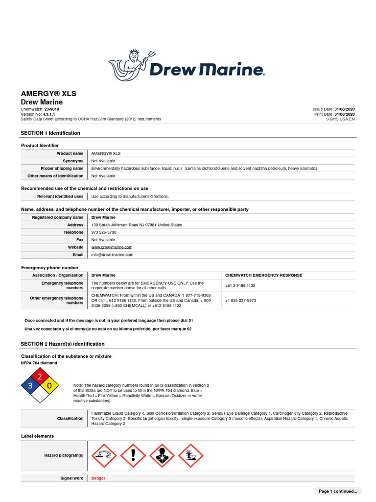 Amergy XLS - SDS | Download Free PDF | Vomiting | Fires
