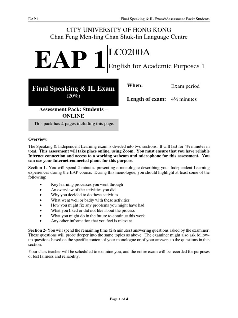 EAP 1 - Final Speaking IL Exam - Assessment Pack Students (1 ...