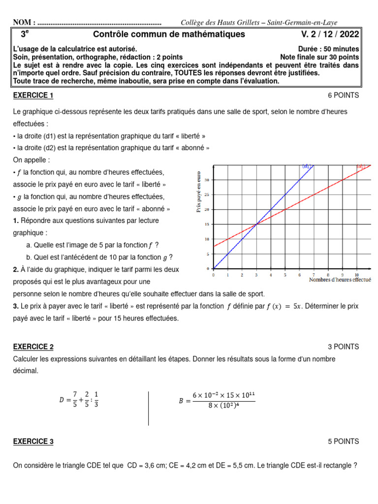 Contrôle commun de maths 3e | PDF | Mathématiques