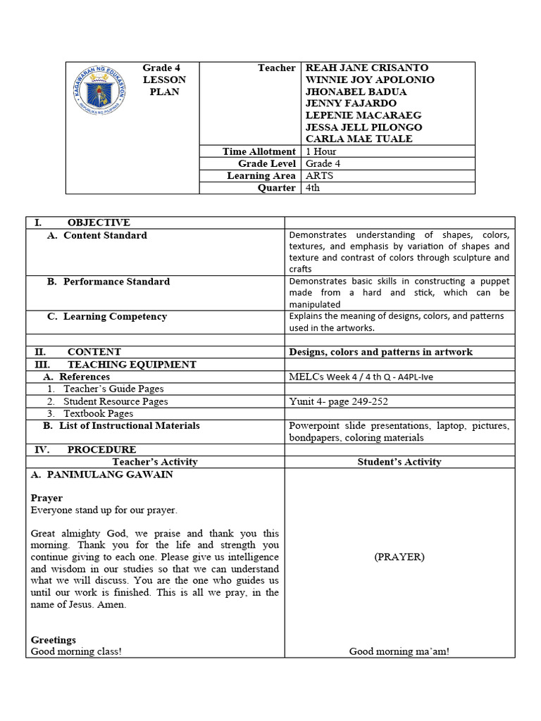 Lesson Plan in Arts Demo | PDF | Shape | Color