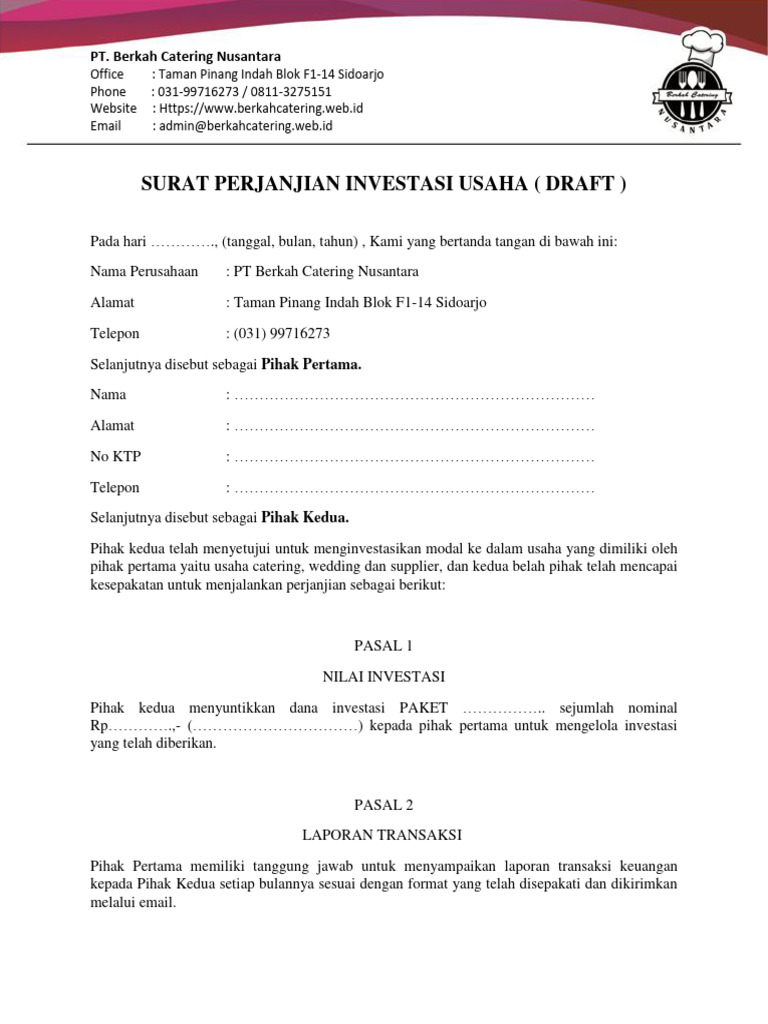 Surat Perjanjian Investasi Usaha Pdf