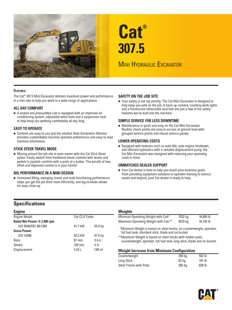 307.5 Mini Hydraulic Excavator Specs | PDF | Horsepower | Engines