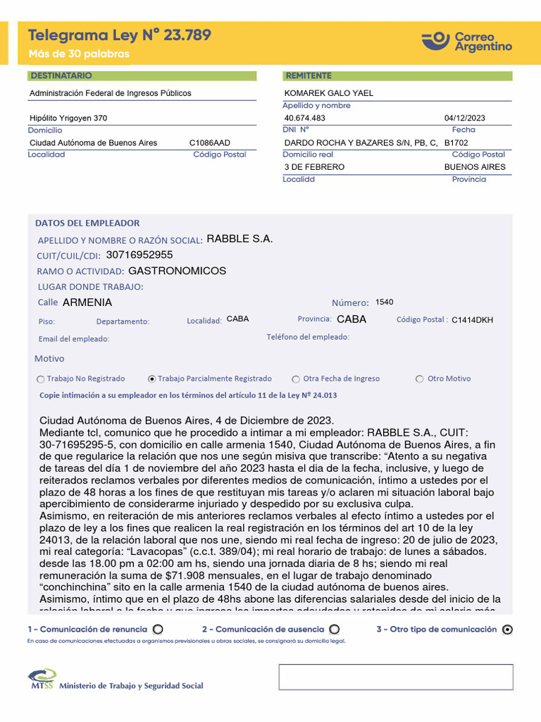 Modelo de Telegrama Ley 23.789 | PDF | Salario