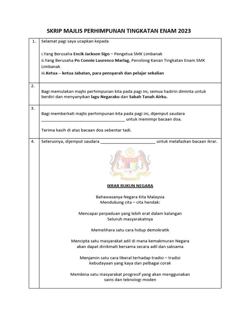 Skrip Majlis Perhimpunan Tingkatan Enam 2023 | PDF