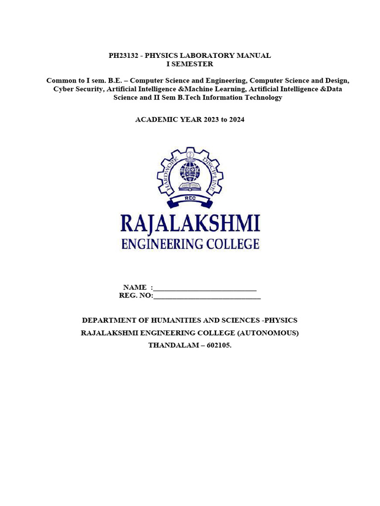Physics Lab Manual For PH23132-2023-24 ODD SEM | PDF | Inductor | Diffraction