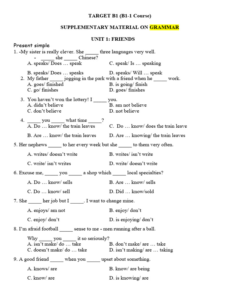 B1 Grammar Exercises: Present & Past Tenses | PDF