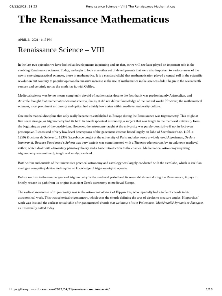 Renaissance Science - VIII - The Renaissance Mathematicus | PDF ...