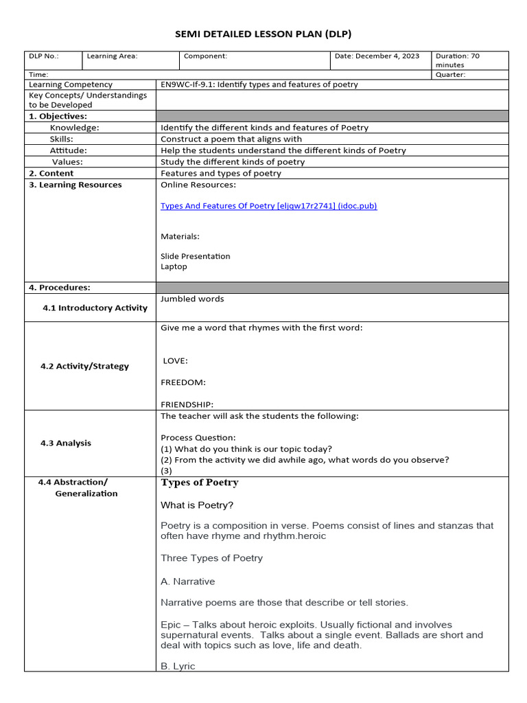 Detailed-Lesson-Plan Blank | PDF | Poetry | Comedy