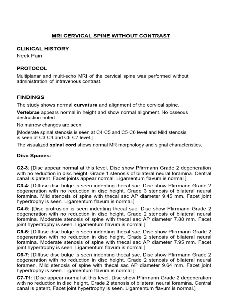 Report MRI CERVICAL | PDF | Spinal Cord | Vertebral Column