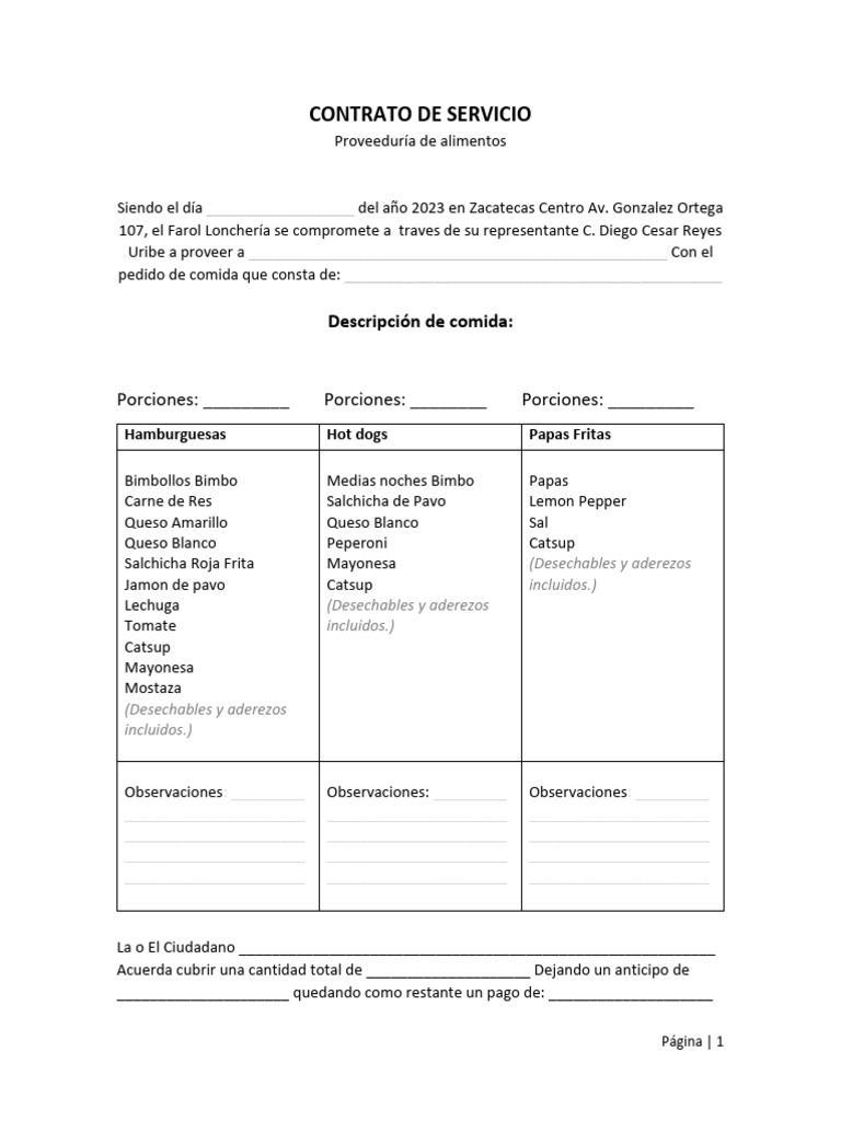 Contrato de Servicio de Comida | PDF