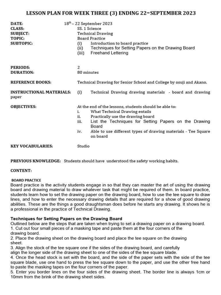 TD SS 1 - Wk3 Lesson Note | PDF | Drawing | Technical Drawing