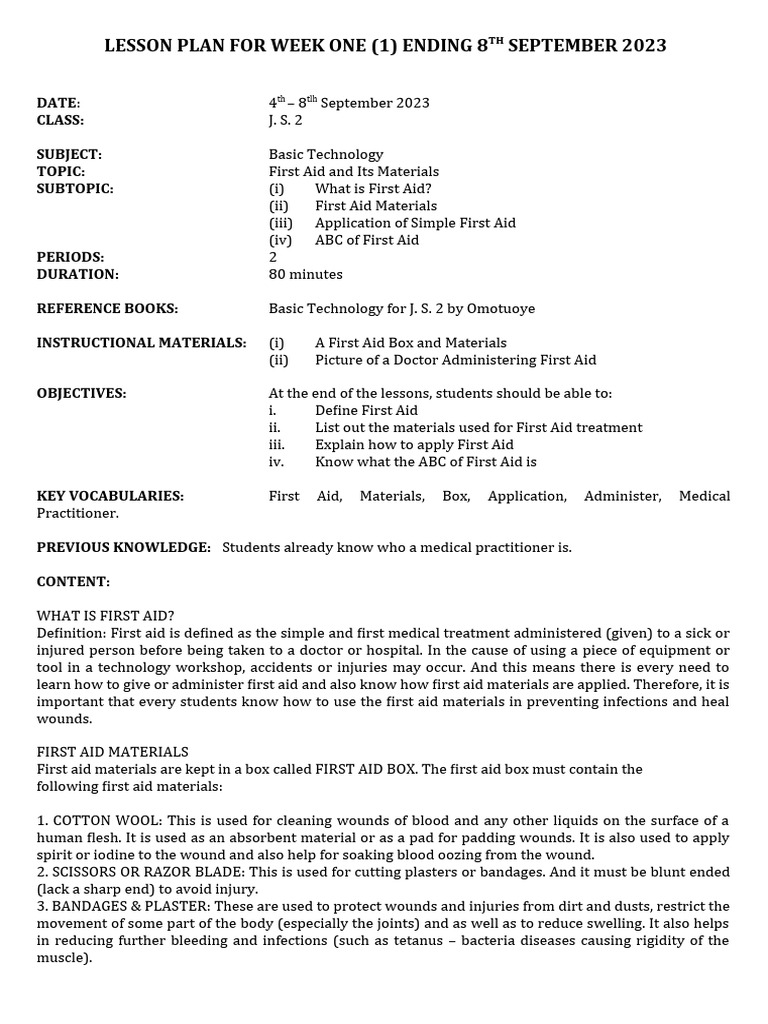 BST JSS 2 - WK 1 Lesson Note | Download Free PDF | First Aid | Wound