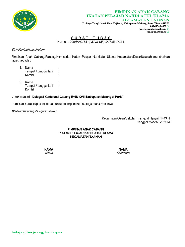 Contoh Surat Tugas, Rekomendasi Ipnu | PDF