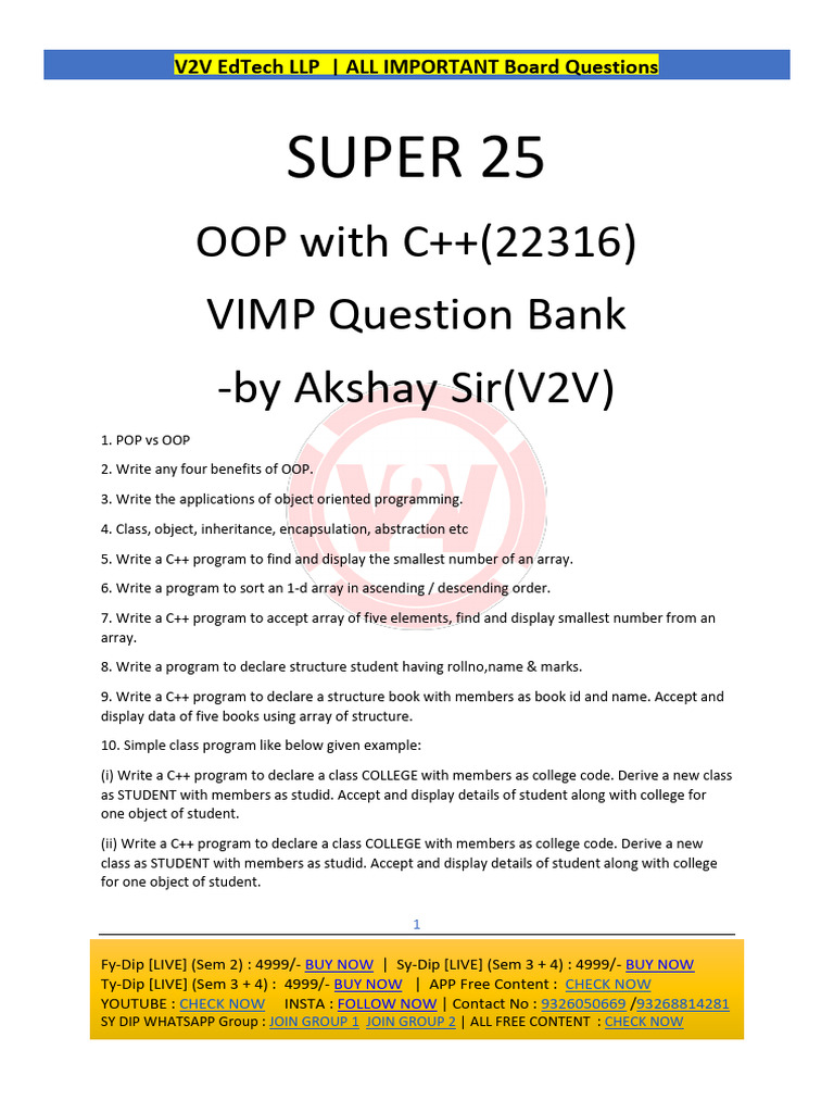 OOP VIMP Question - Super 25 - V2V | PDF | C++ | Programming